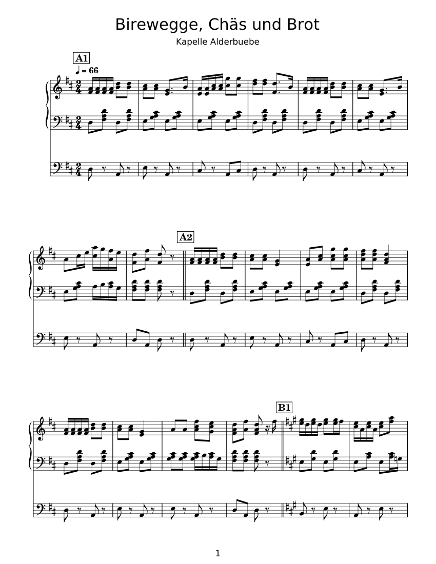Birewegge, Chäs und Brot - Kapelle Alderbuebe Sheet Music for Piano ...