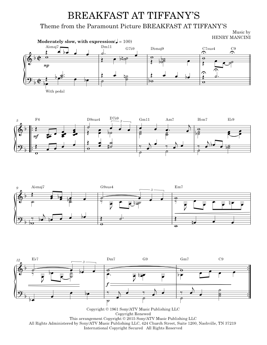 Breakfast At Tiffany's Sheet music for Piano by Henry Mancini Official ...