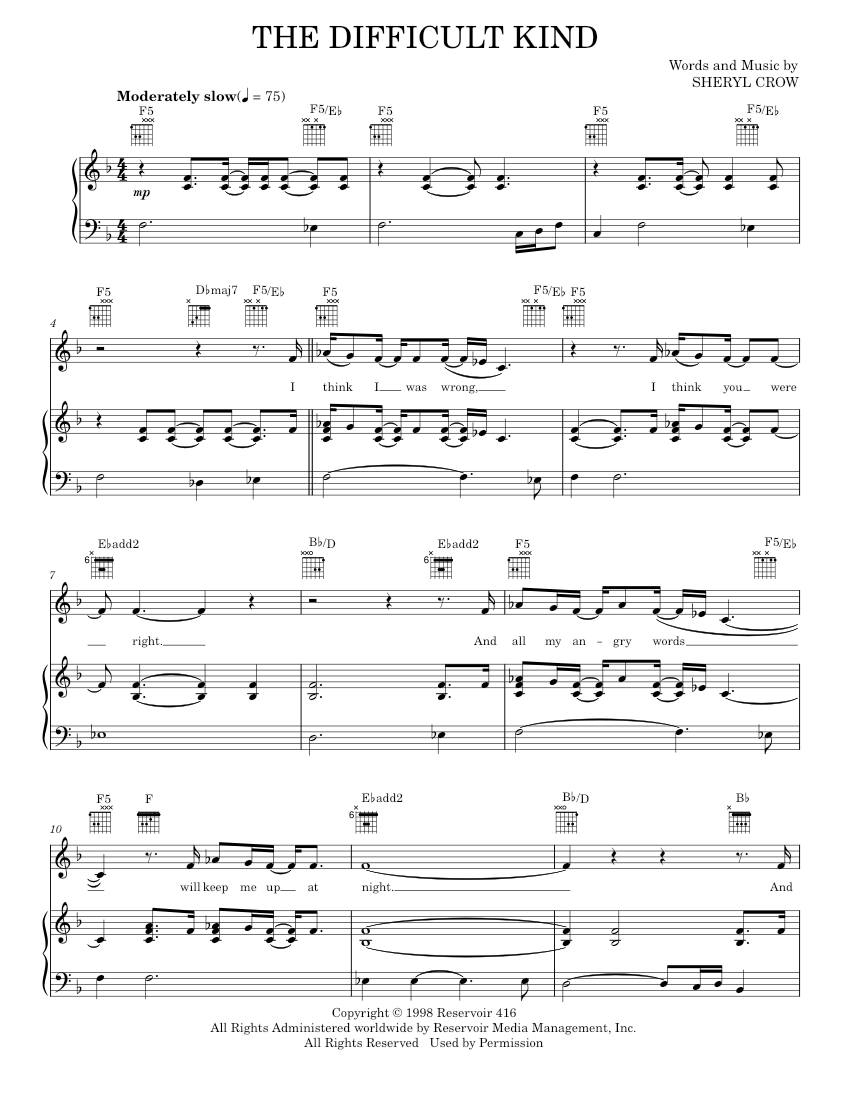 the difficult kind Sheet music for Piano, Vocals by Sheryl Crow ...