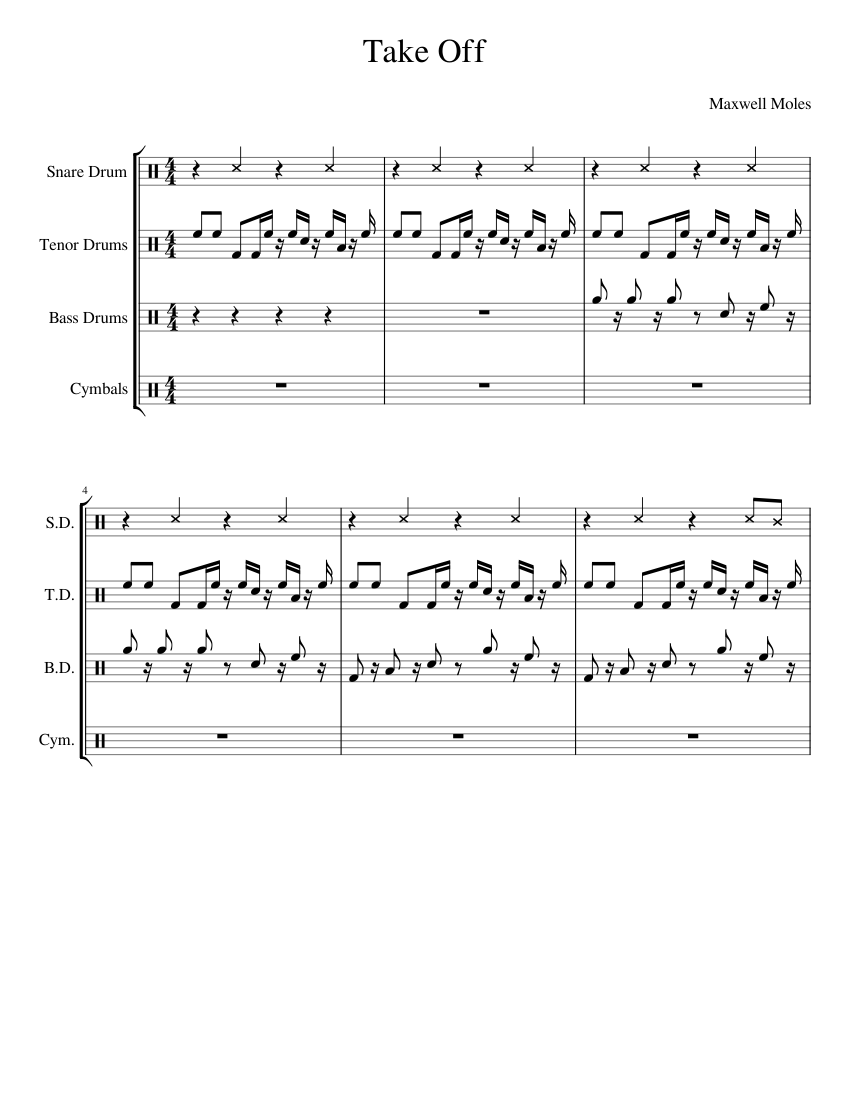 Take_Off Sheet music for Snare drum, Crash, Tenor drum, Bass drum ...