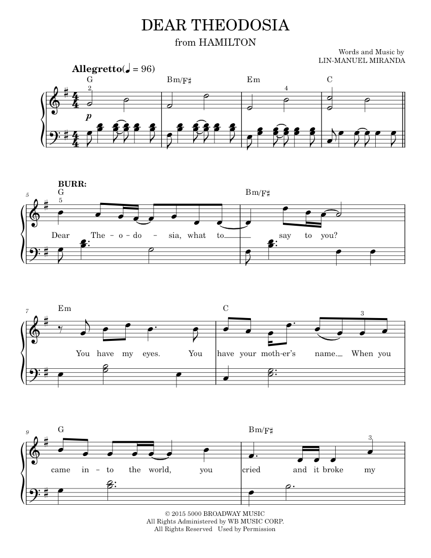 Play Official version of Dear Theodosia (from Hamilton) sheet music by ...