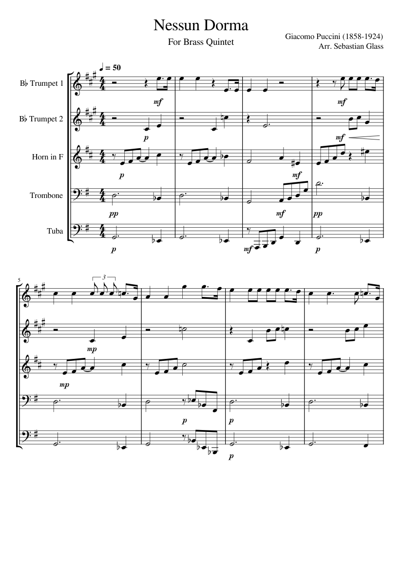 Nessun Dorma - Brass Quintett Sheet music for Trombone, Tuba, French horn, Trumpet other (Brass ...