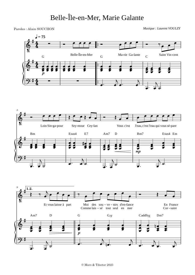 Belle ile en mer – Laurent Voulzy Laurent Voulzy, Alain Souchon Sheet Music for Piano, Vocals ...
