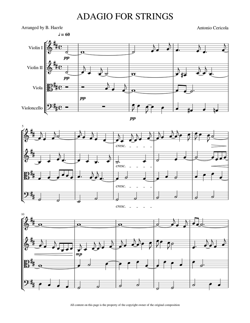 ADAGIO FOR STRINGS Sheet music for Violin, Viola, Cello (String Quartet) | Musescore.com