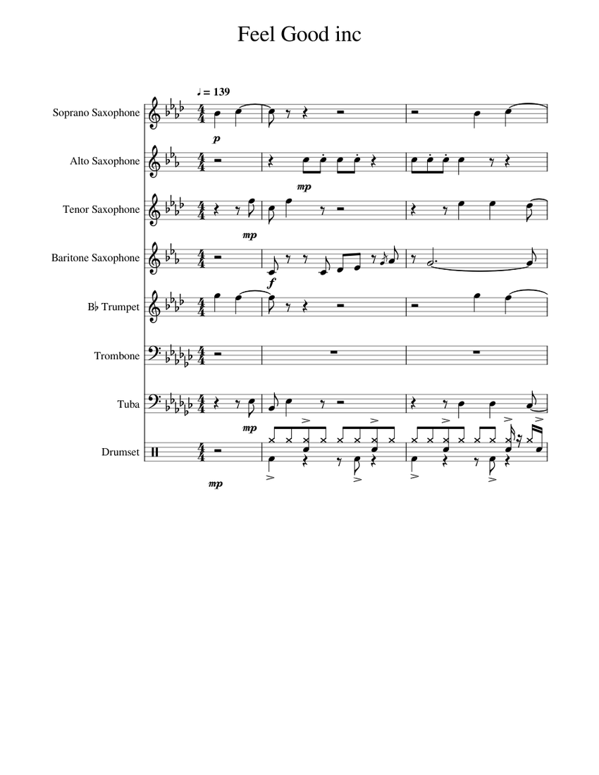 Feel Good Inc Sheet music for Trombone, Tuba, Saxophone alto, Saxophone ...