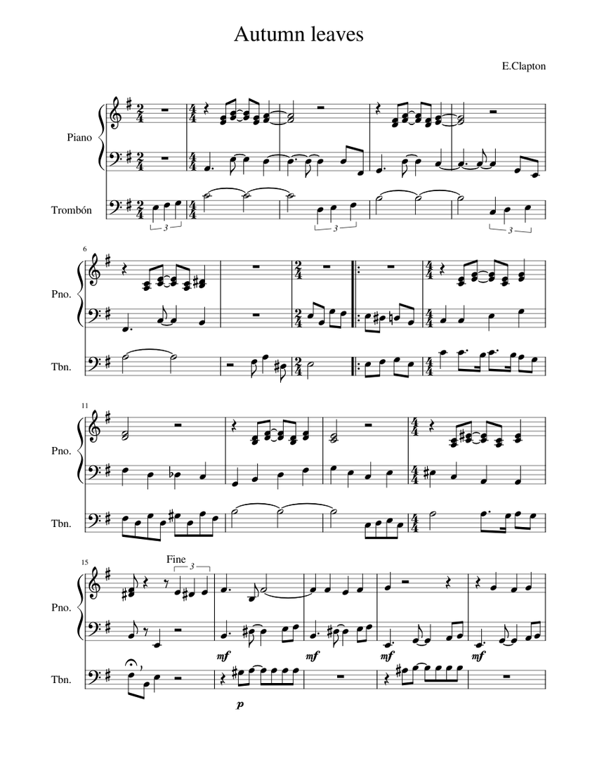 Autumn leaves Sheet music for Piano, Trombone (Solo) | Musescore.com