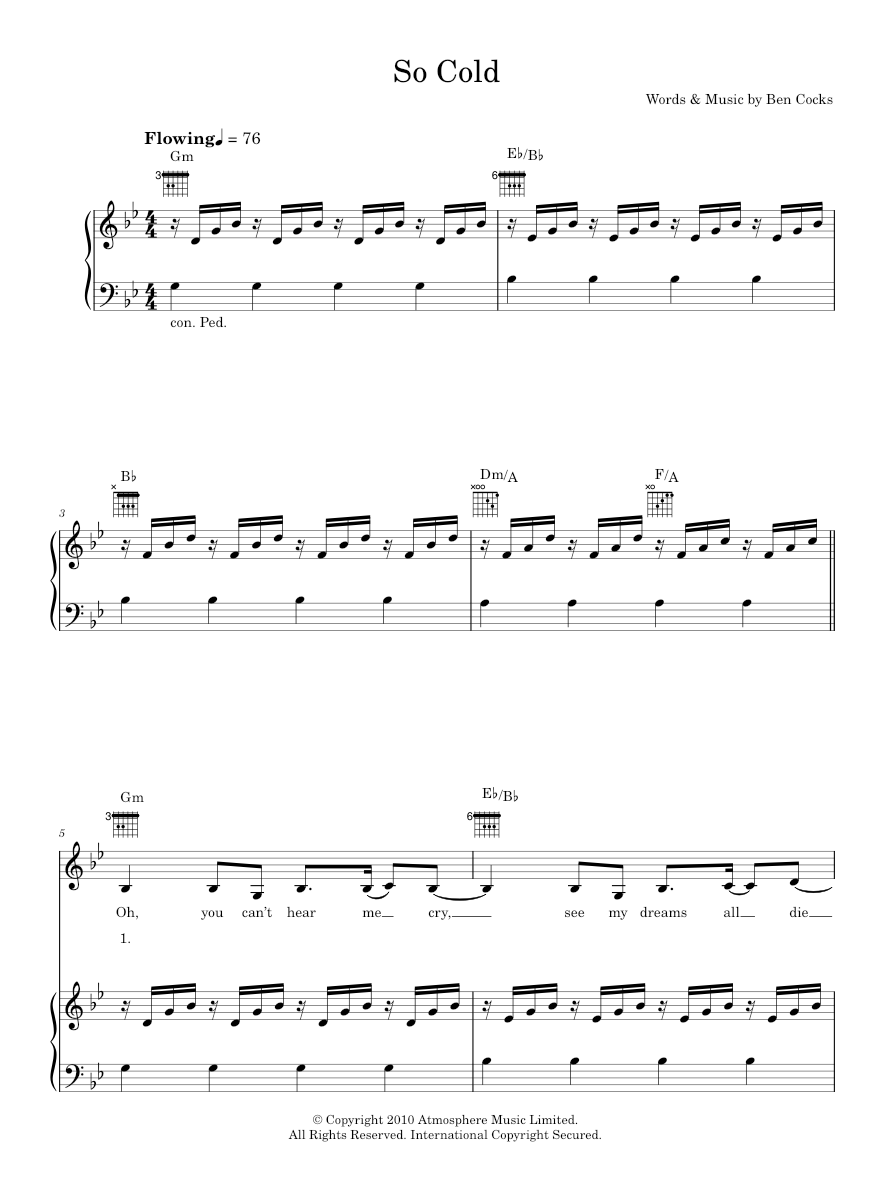 Play Official version of So cold Sheet Music by Ben Cocks for Piano ...
