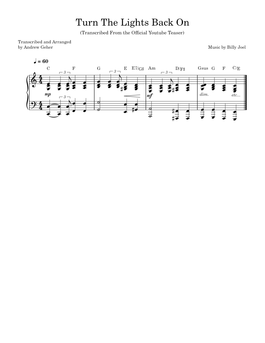 Turn The Lights Back On – Billy Joel Sheet Music for Piano (Solo) Easy ...