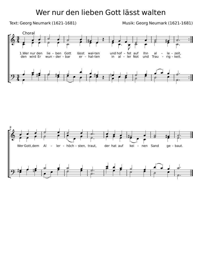 Wer nur den lieben Gott läßt walten - Georg Neumark Sheet music for ...