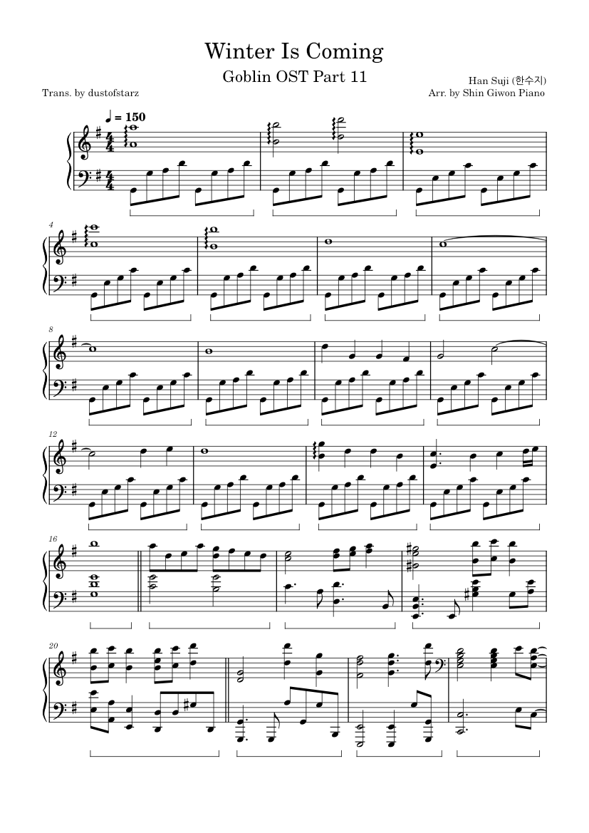 Winter Is Coming - Han Soo Ji (Goblin OST) (Shin Giwon Piano) Sheet ...