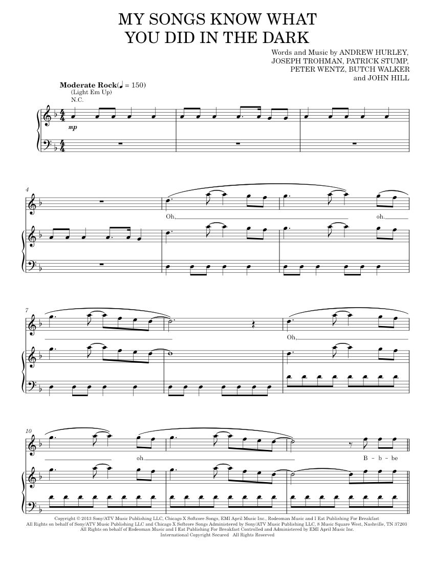 Play Official version of My songs know what you did in the dark light em up Sheet Music by Fall ...