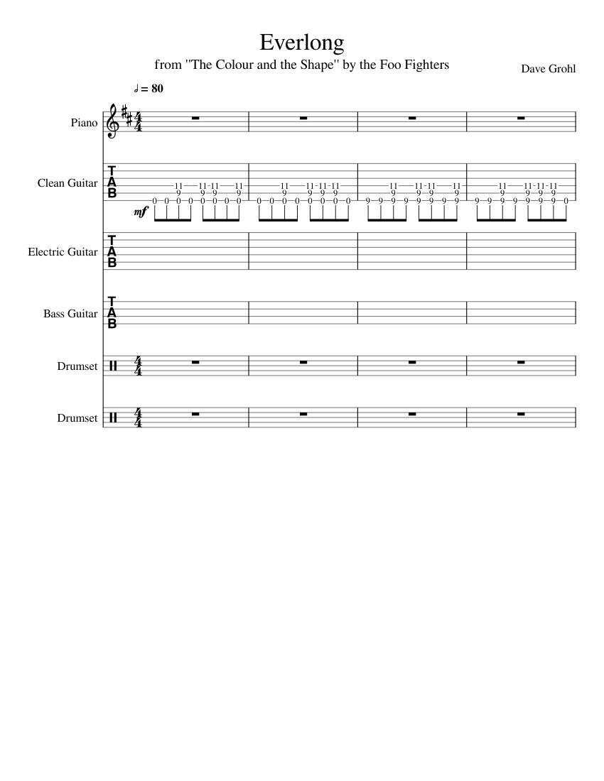 Everlong by the Foo Fighters Sheet Music and Tab for Piano, Guitar ...
