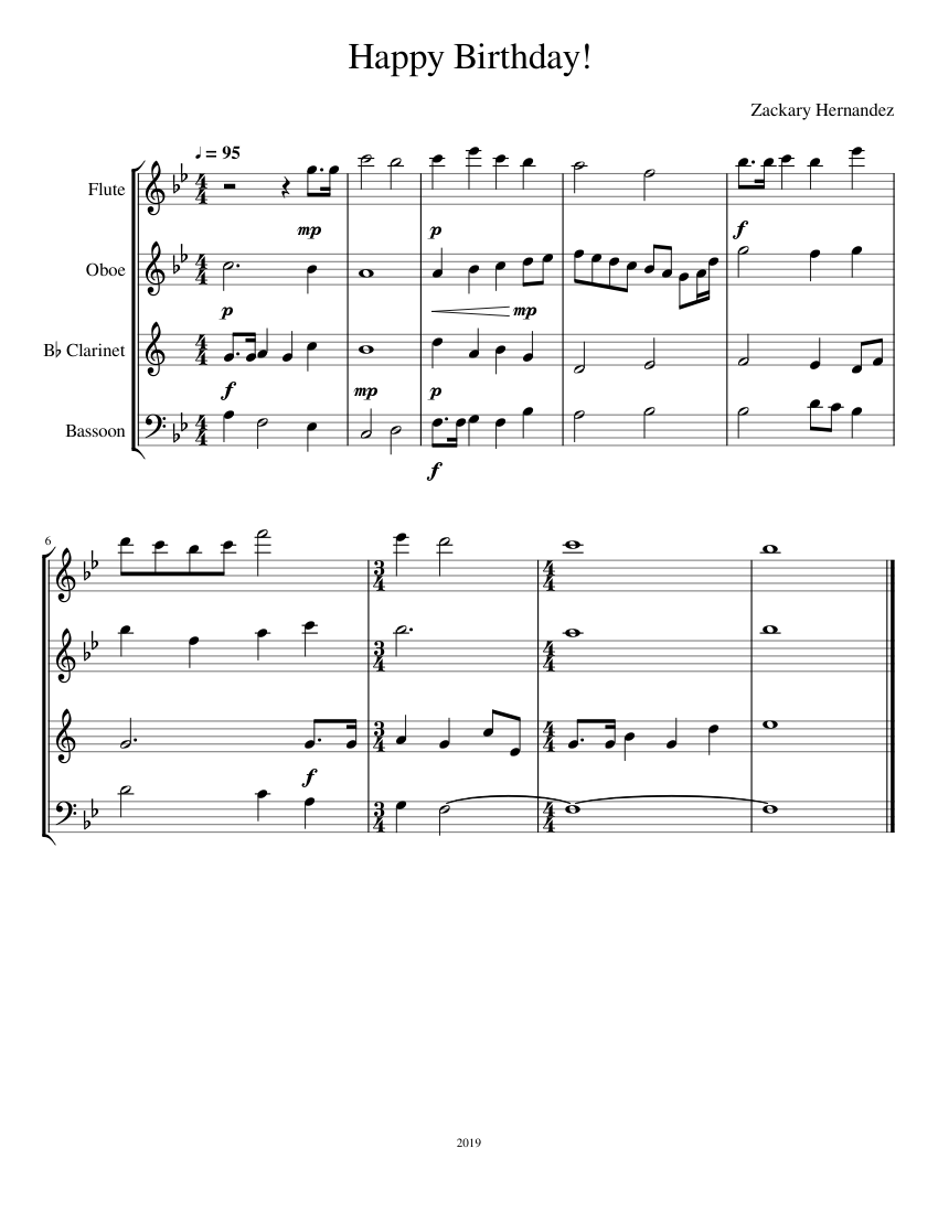 Happy Birthday (Variation) Sheet music for Flute, Oboe, Clarinet in b ...