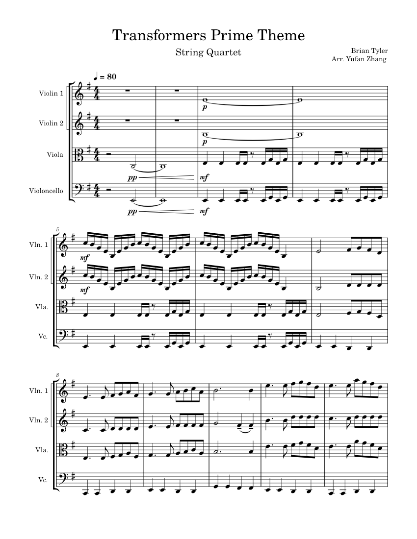 Transformers Prime – Brian Tyler (String Quartet) Sheet music for Violin, Viola, Cello (String ...
