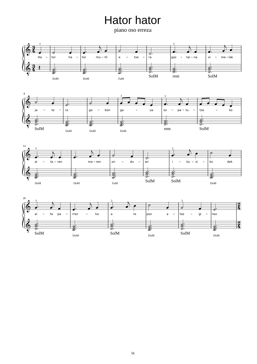 Hator hator (piano akorde basikoak) Sheet Music with Chords for Piano ...