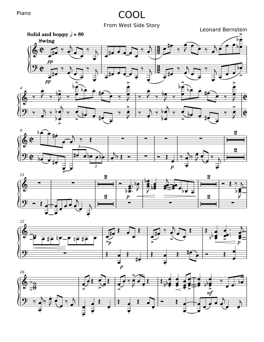 Cool - West Side Story - Leonard Bernstein Sheet Music for Piano (Solo ...
