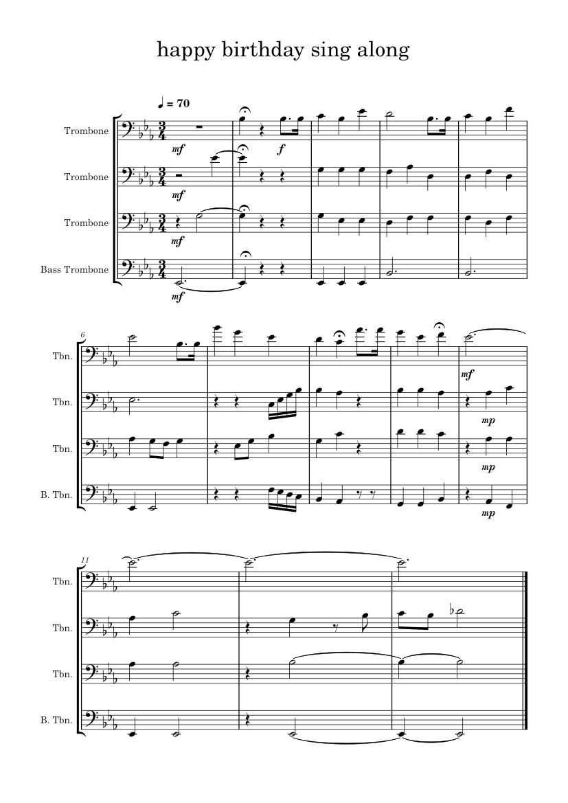 Happy Birthday Sing Along Sheet Music for Trombone (Brass Quartet ...