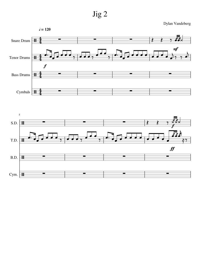 Jig 2 Sheet music for Snare drum, Crash, Tenor drum, Bass drum (Drum ...
