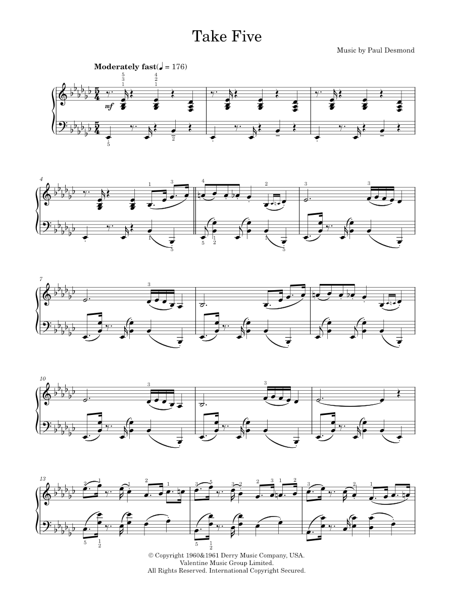 Take Five Sheet music for Piano by The Dave Brubeck Quartet Official ...