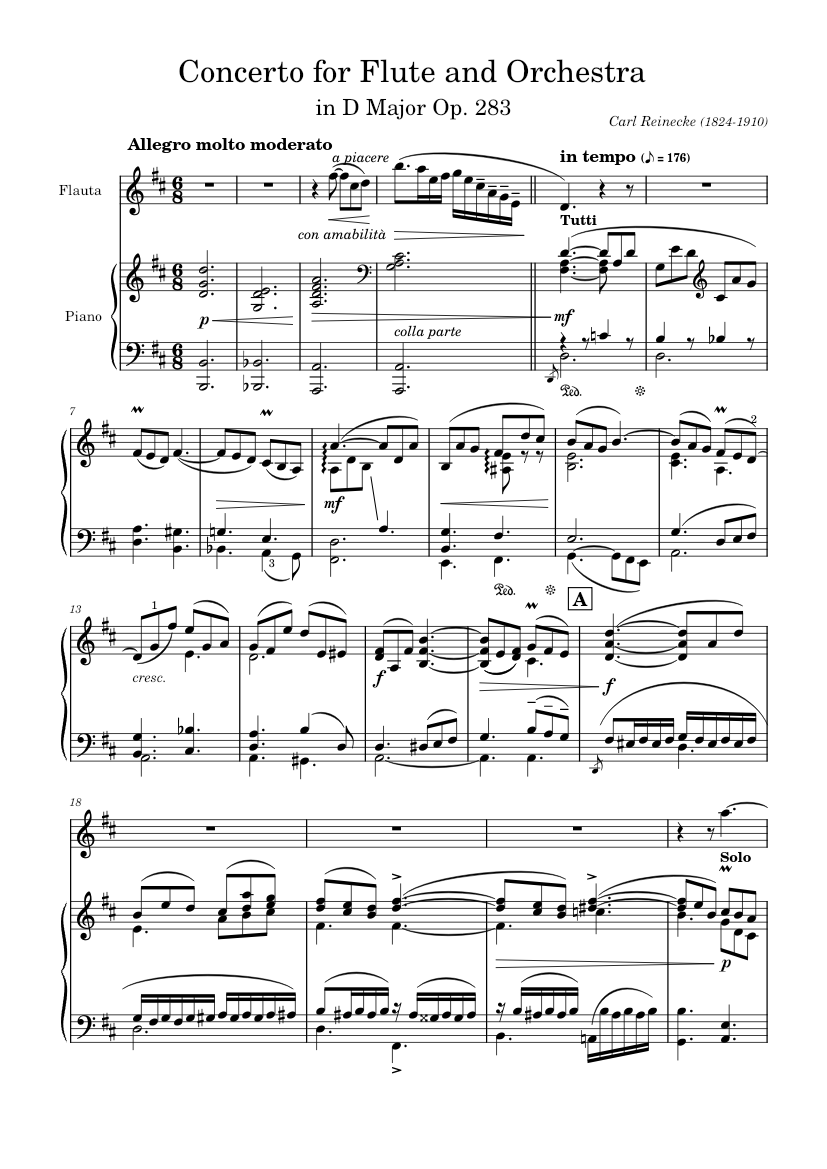Concerto for Flute, Op. 283 - C. Reinecke Sheet Music for Piano, Flute ...
