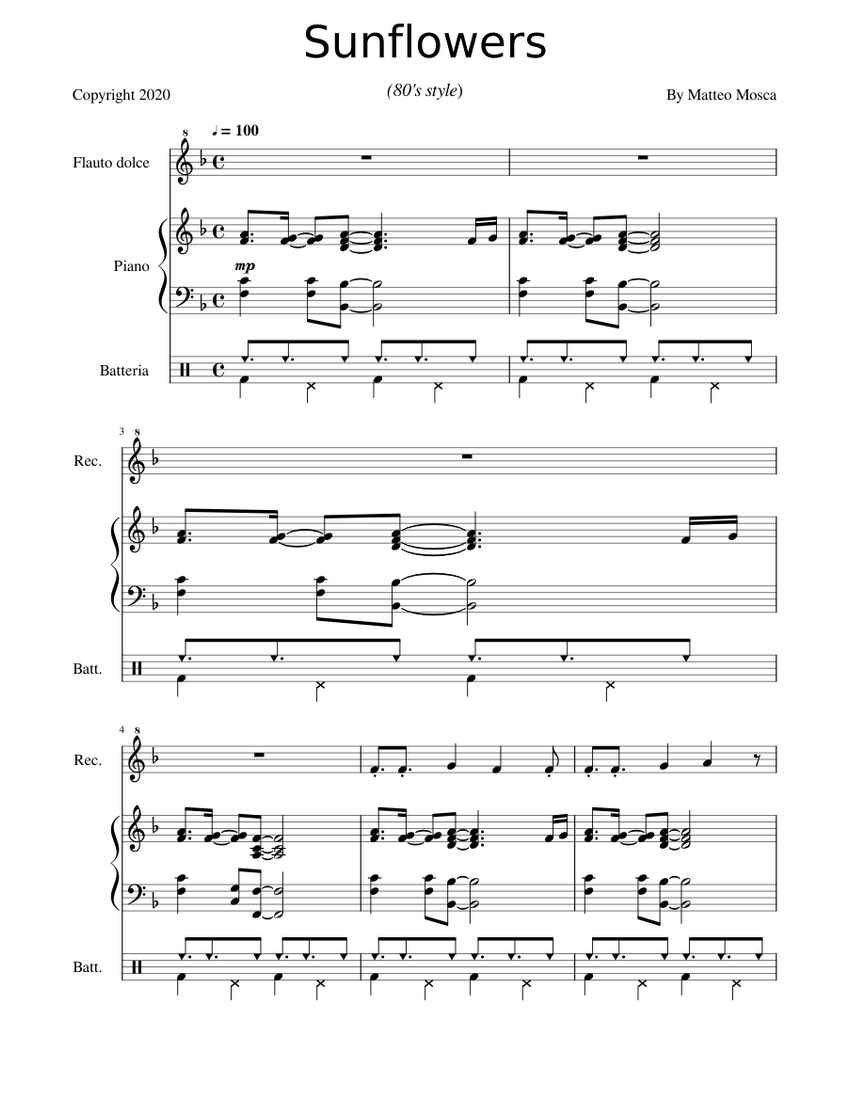 Sunflowers Sheet music for Piano, Drum Group, Recorder (Piano Duo ...