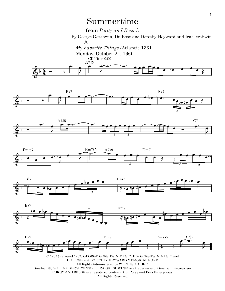 Play Official version of Summertime Sheet Music by George Gershwin, Ira Gershwin for Saxophone ...