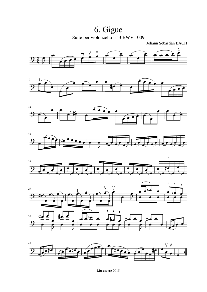 J. S. Bach - Cello Suite n° 3 BWV 1009 - 6. Gigue Sheet music for Cello ...