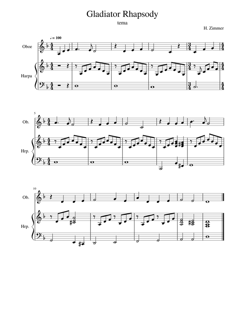 Gladiator Rhapsody övningsblad Sheet music for Oboe, Harp (Mixed Duet ...