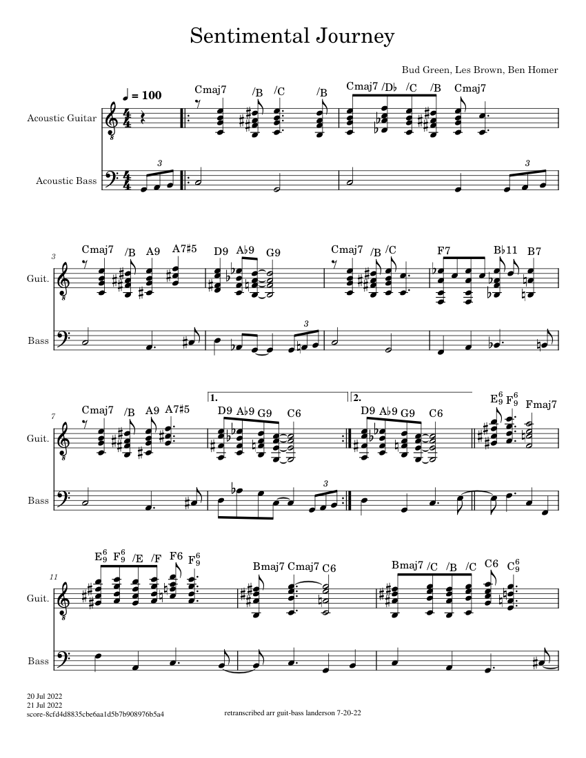 Sentimental Journey - Ben Homer, Les Brown, Bud Green Sheet Music for ...