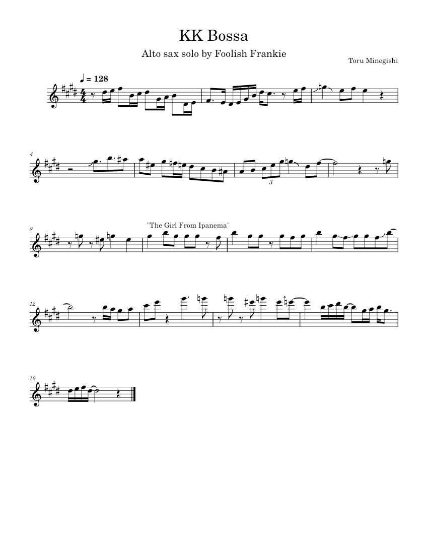 KK Bossa – Alto Sax Solo by Foolish Frankie Sheet Music for Saxophone ...