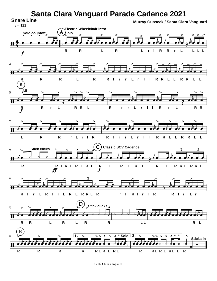 Santa Clara Vanguard Parade Cadence 2021 - Snare Line Sheet music for ...