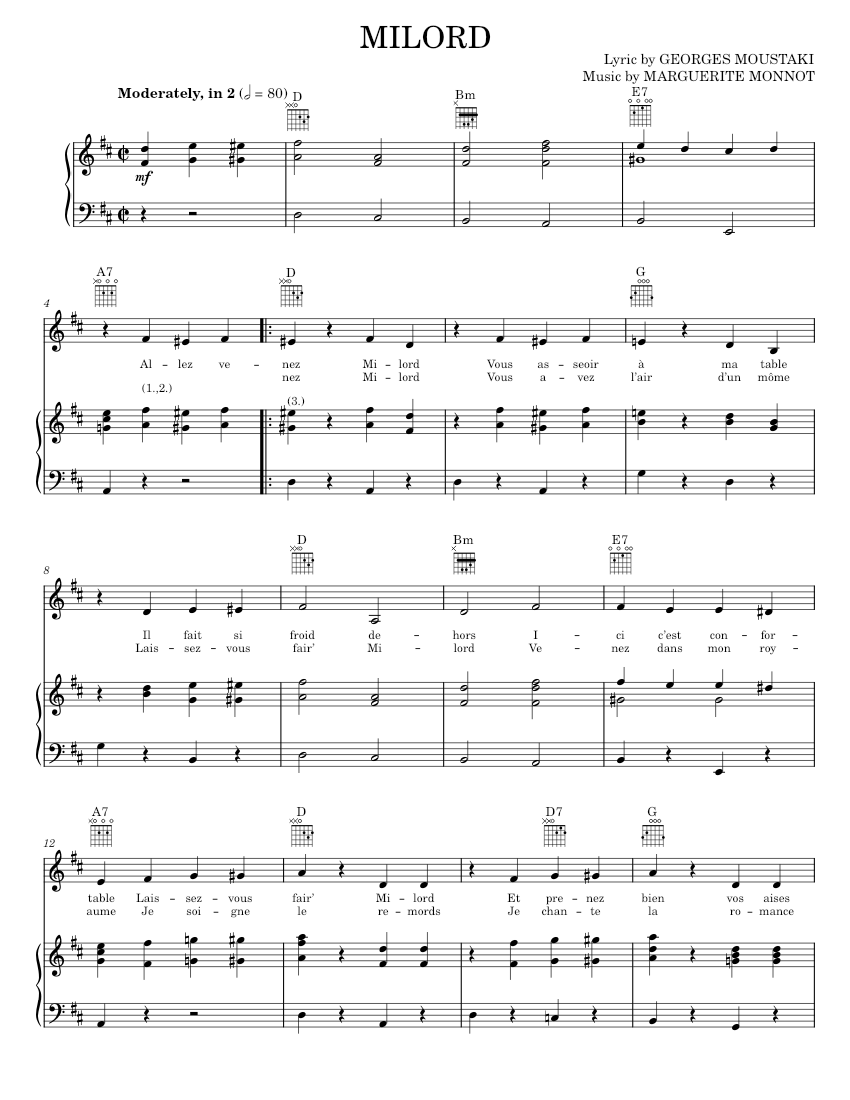 milord Sheet music for Piano, Vocals by Édith Piaf Official | MuseScore.com
