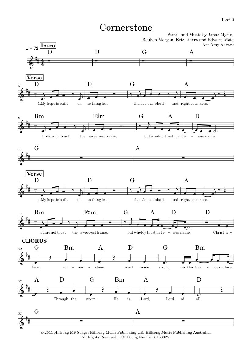 Cornerstone – Hillsong Live Sheet Music with Chords for Voice (other ...