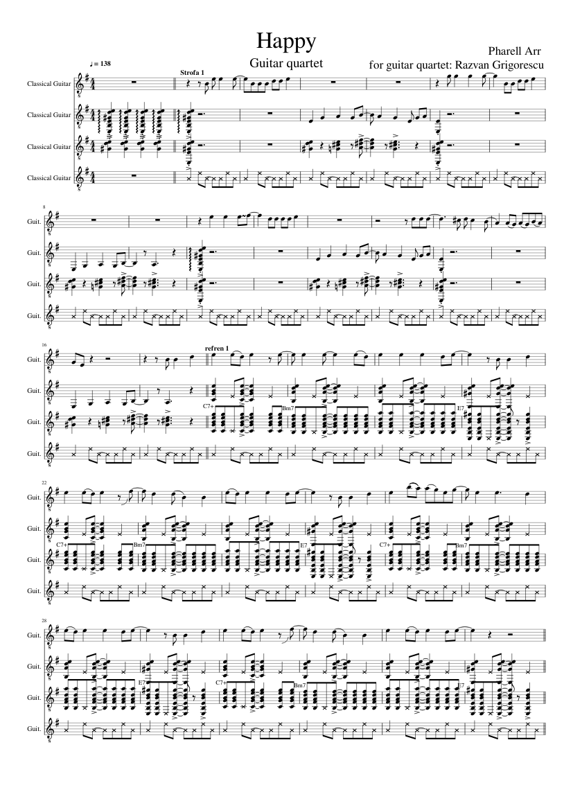 Happy (Pharell) - classical guitar quartet Sheet music for Guitar ...