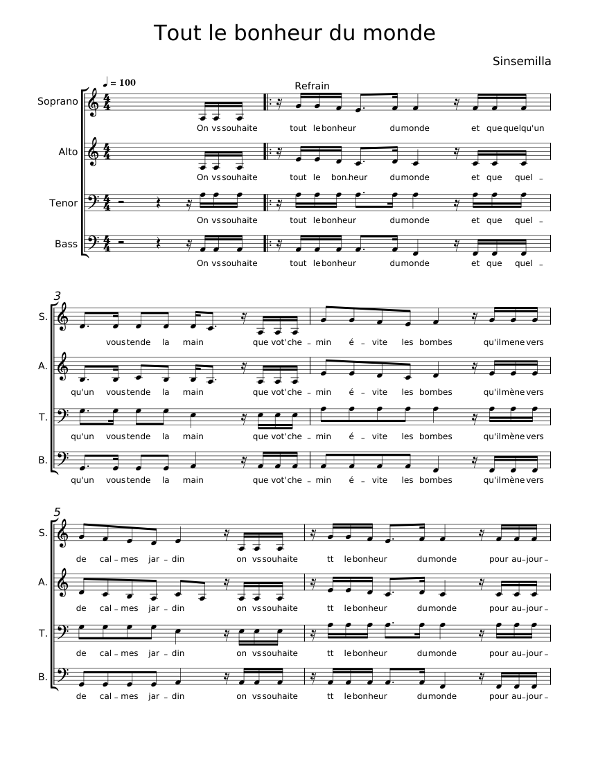 Tout le bonheur du monde – Sinsemilla Sheet music for Vocals (Choral ...