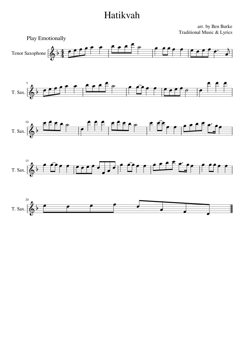 Hatikvah – Samuel Cohen Hatikvah arr. Ben Burke - Transcribed for Bb ...