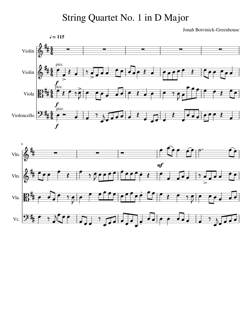 String Quartet No. 1 in D Sheet music for Violin, Cello, Viola (String ...
