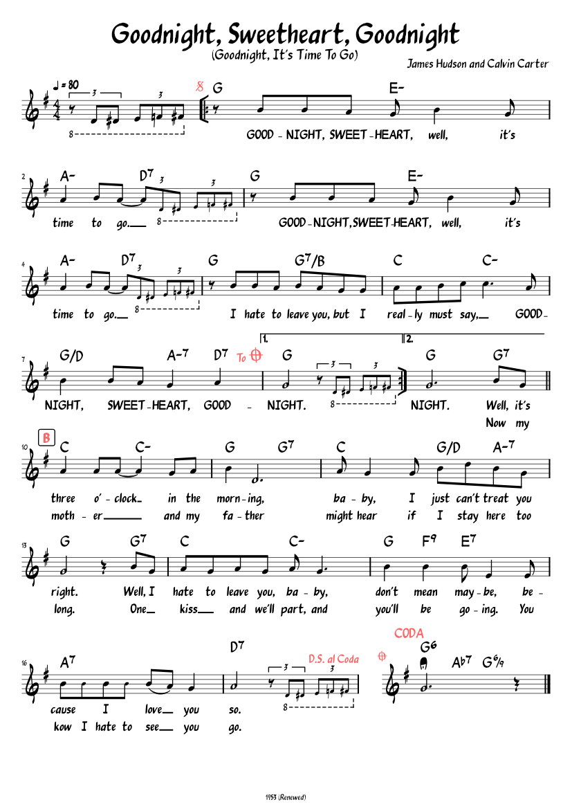 Goodnite, Sweetheart, Goodnite (Lead sheet with lyrics ) Sheet Music for Piano (Solo) Easy ...