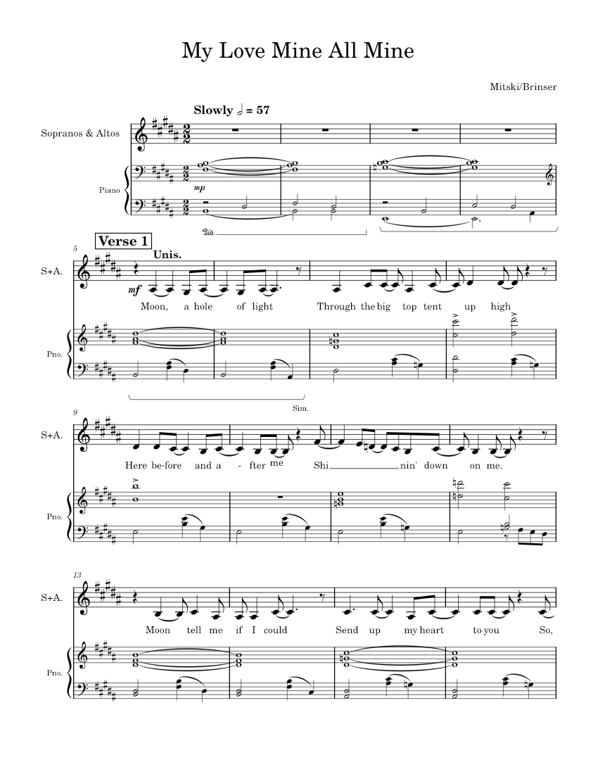 My Love Mine All Mine – Mitski 2 part choir arrangement Sheet Music for ...