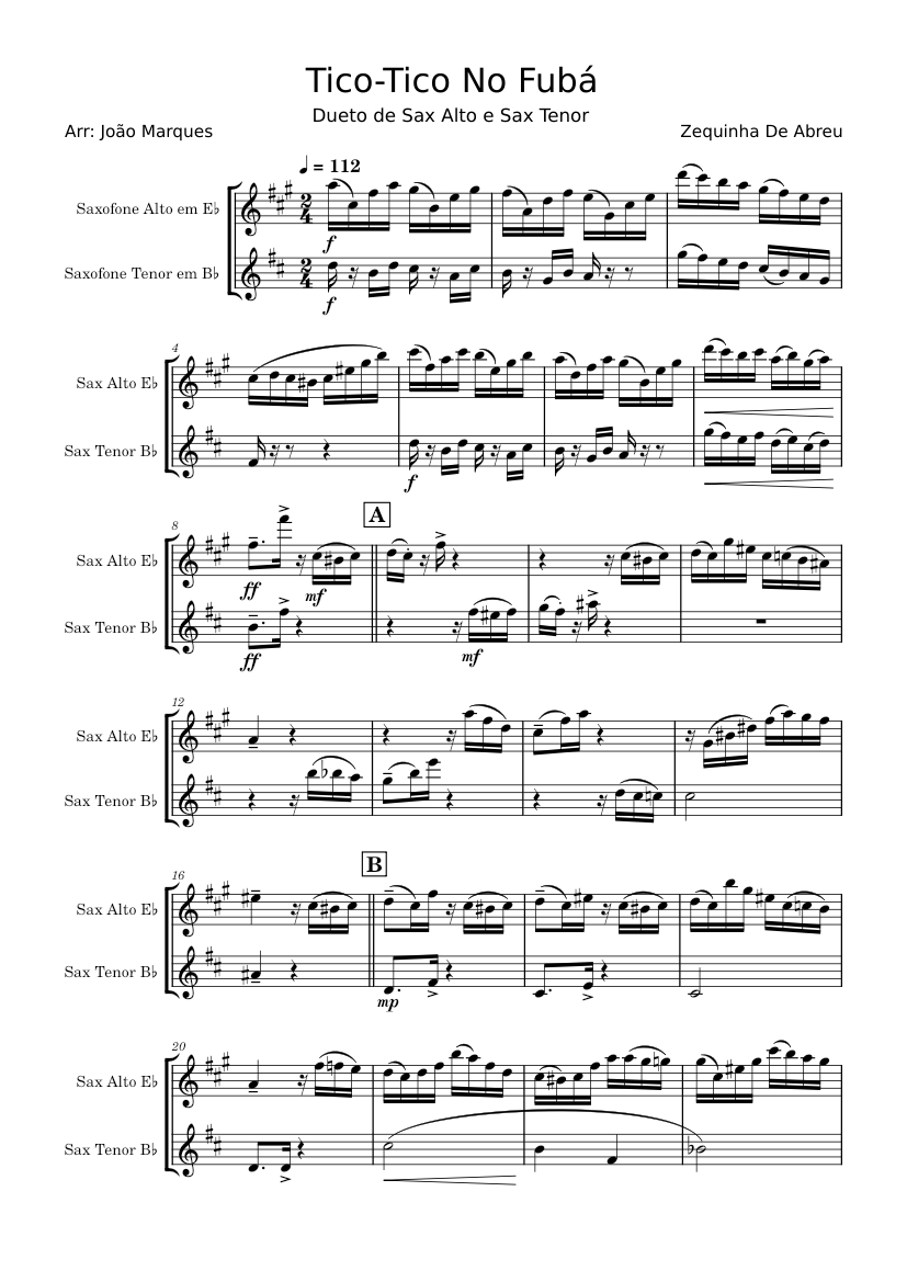 Tico Tico no Fubá Dueto Sheet music for Saxophone alto, Saxophone tenor ...