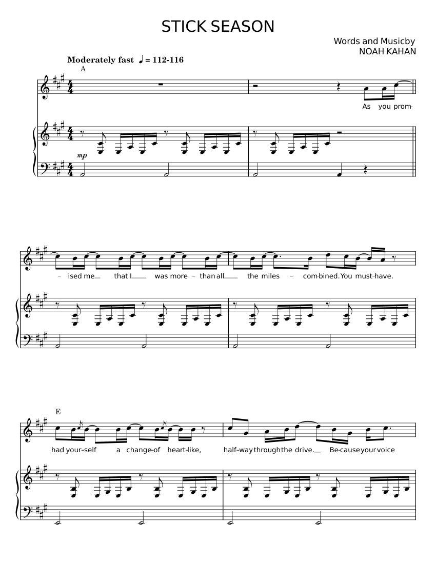 Stick Season - Noah Kahan Sheet Music for Piano, Synthesizer (Mixed ...