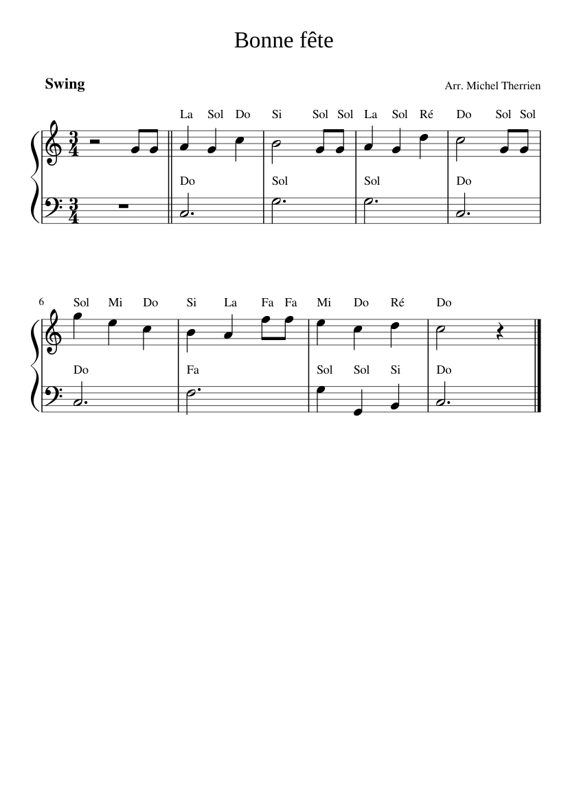 Bonne fête Arr. Michel Therrien Sheet music for Piano (Solo) Easy ...