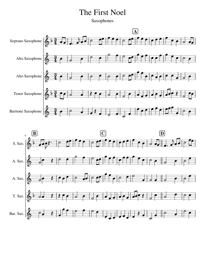 The First Noel Sheet music for Saxophone alto, Saxophone tenor ...