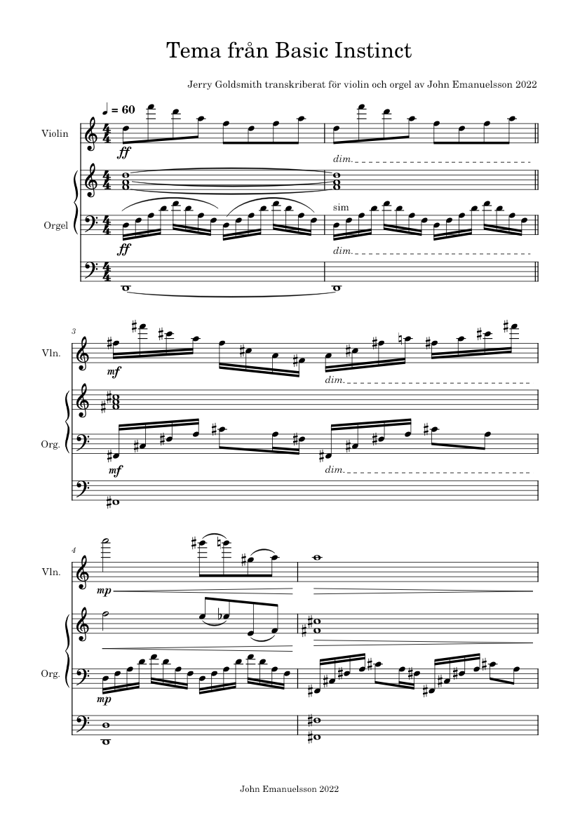 Main theme from basic instinct – Jerry Goldsmith Tema från Basic Instinct Vln Org Sheet music ...