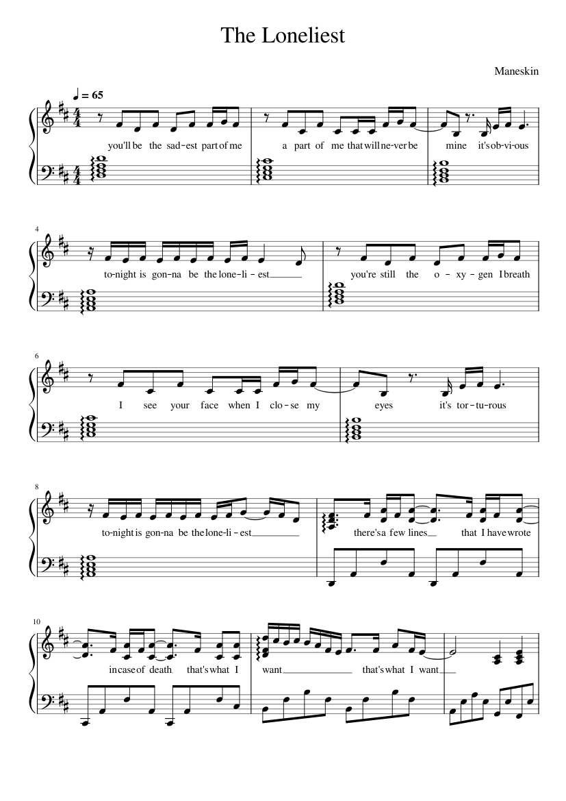 The loneliest – Måneskin Sheet music for Piano (Piano-Voice ...
