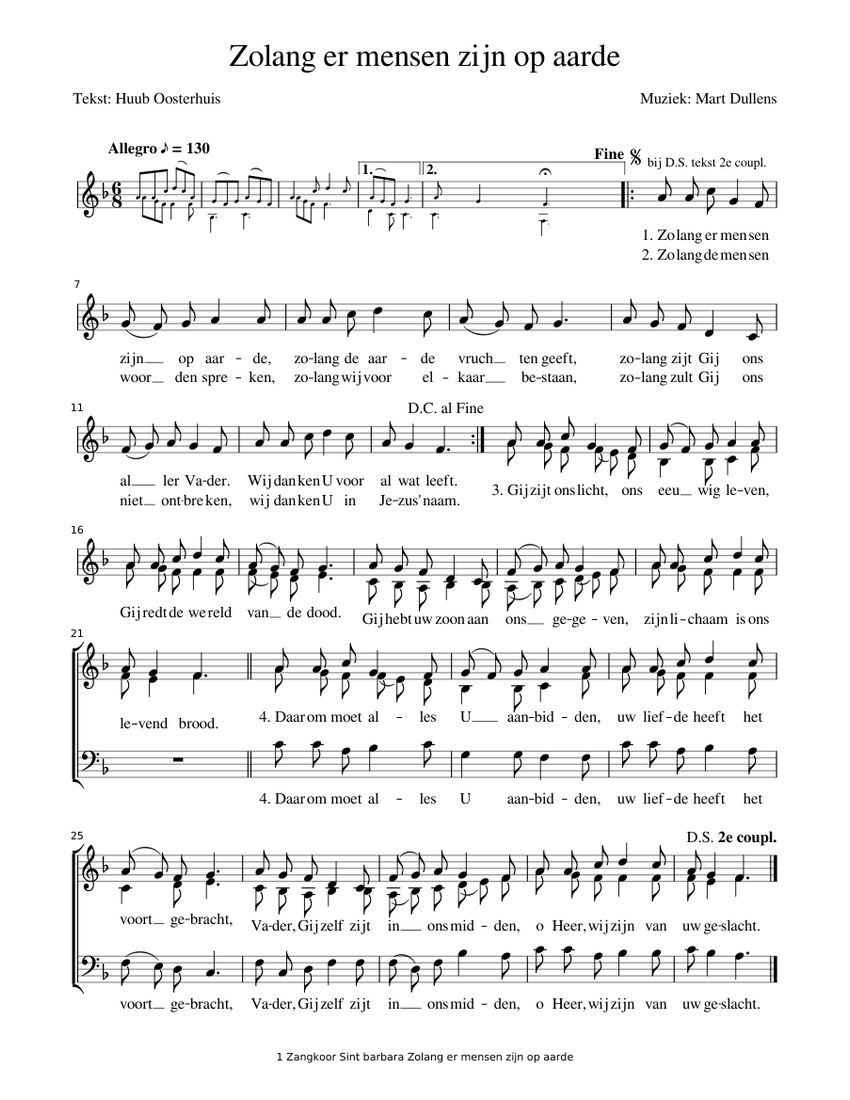 Zolang er mensen zijn op aarde_koorstem Sheet music for Piano, Soprano ...