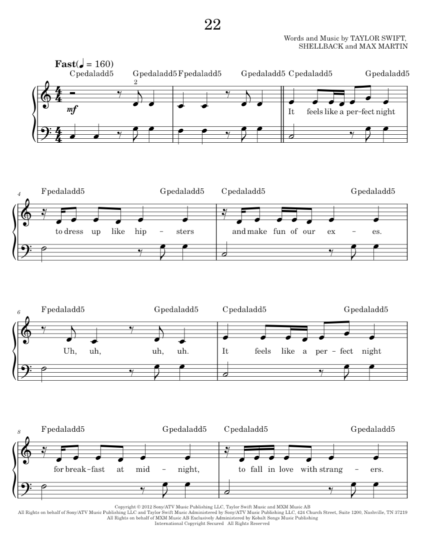 Play Official version of 22 sheet music by Taylor Swift for Piano ...
