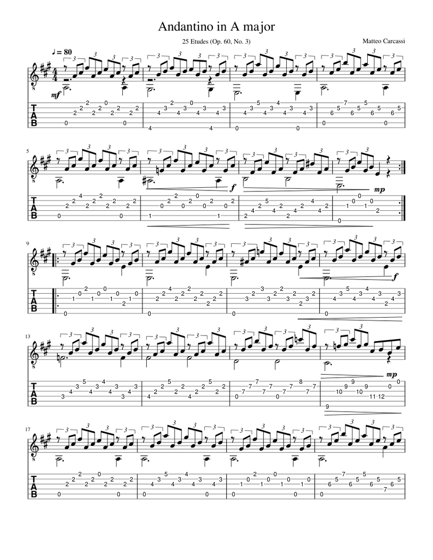 Andantino in A major Sheet music for Guitar (Solo) | Musescore.com