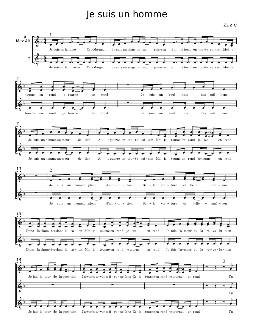 Je suis un homme - Zazie Sheet music for Synthesizer (Mixed Quartet ...