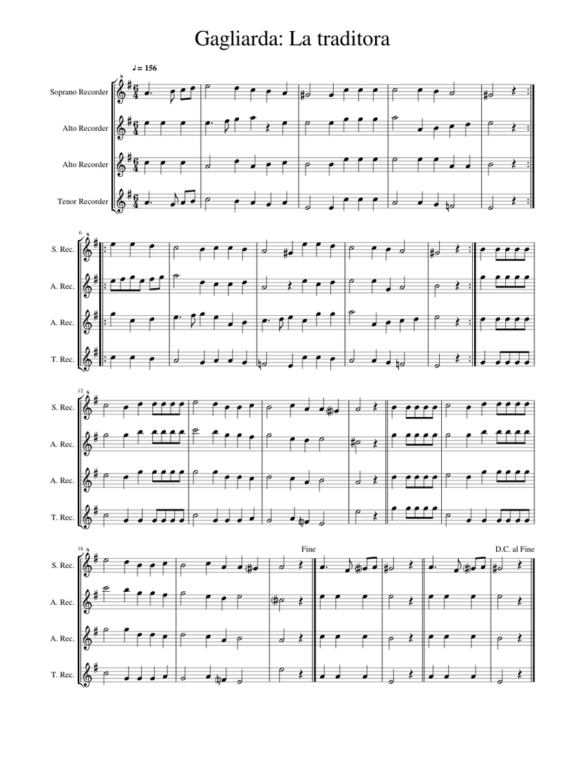 Gagliarda: La traditora Sheet music for Recorder, Recorder, Recorder ...